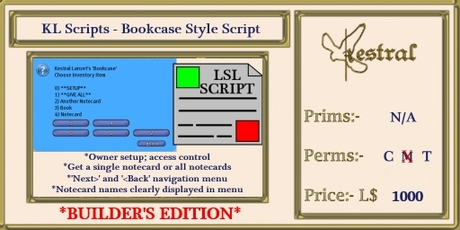 Second Life Marketplace - KL - Scripts. Bookcase Style Script. BUILDER'S Ed. Boxed.